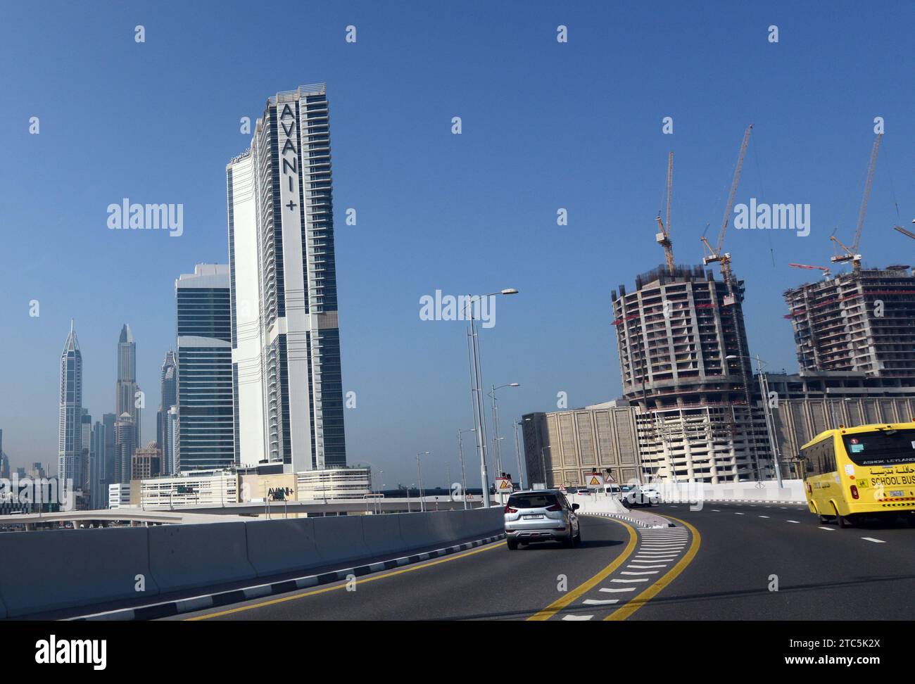 Driving on the E11 Sheikh Zayed Rd highway in the Media city and ...