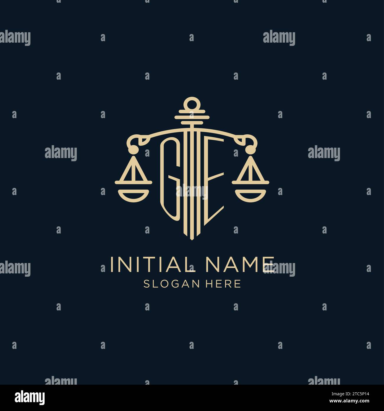 Initial GE logo with shield and scales of justice, luxury and modern ...