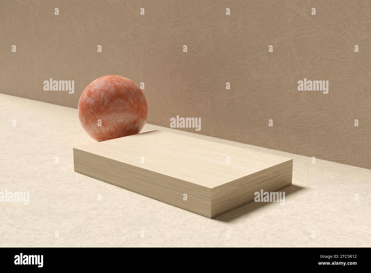 Minimalist beige rectangular stand with marble sphere. Mock up podium ...