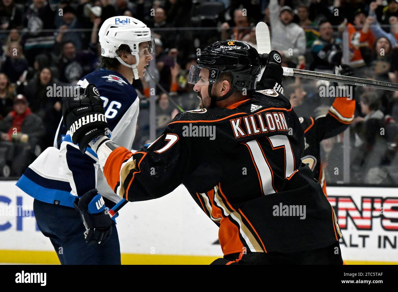 Anaheim Ducks left wing Alex Killorn (17) reacts after scoring against ...