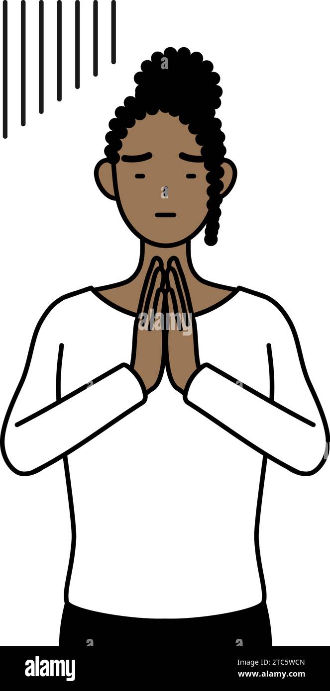 African-American woman apologizing with her hands in front of her body ...