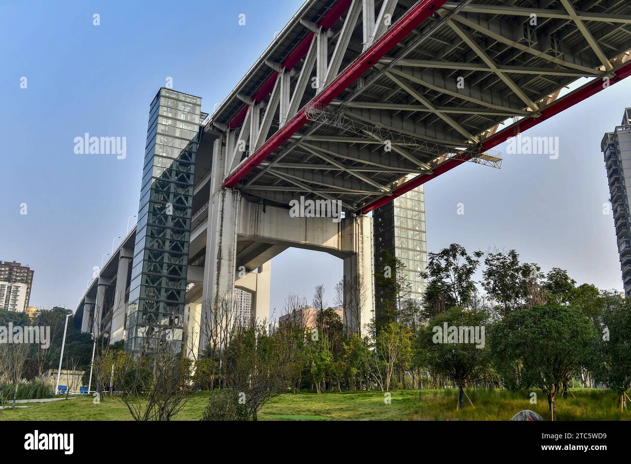 The sightseeing elevator and park under the Chaotianmen Yangtze River ...