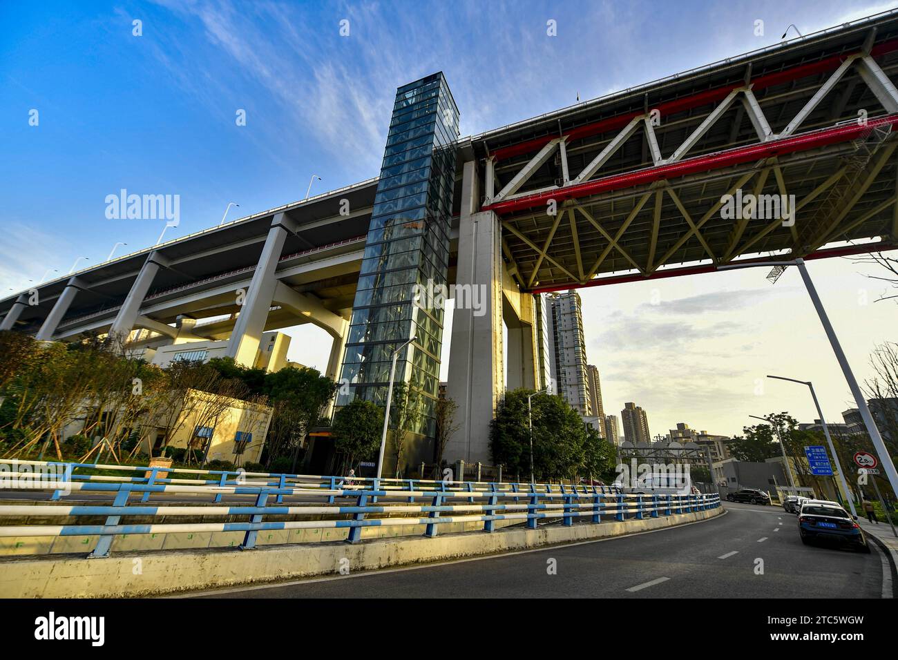 The sightseeing elevator and park under the Chaotianmen Yangtze River ...