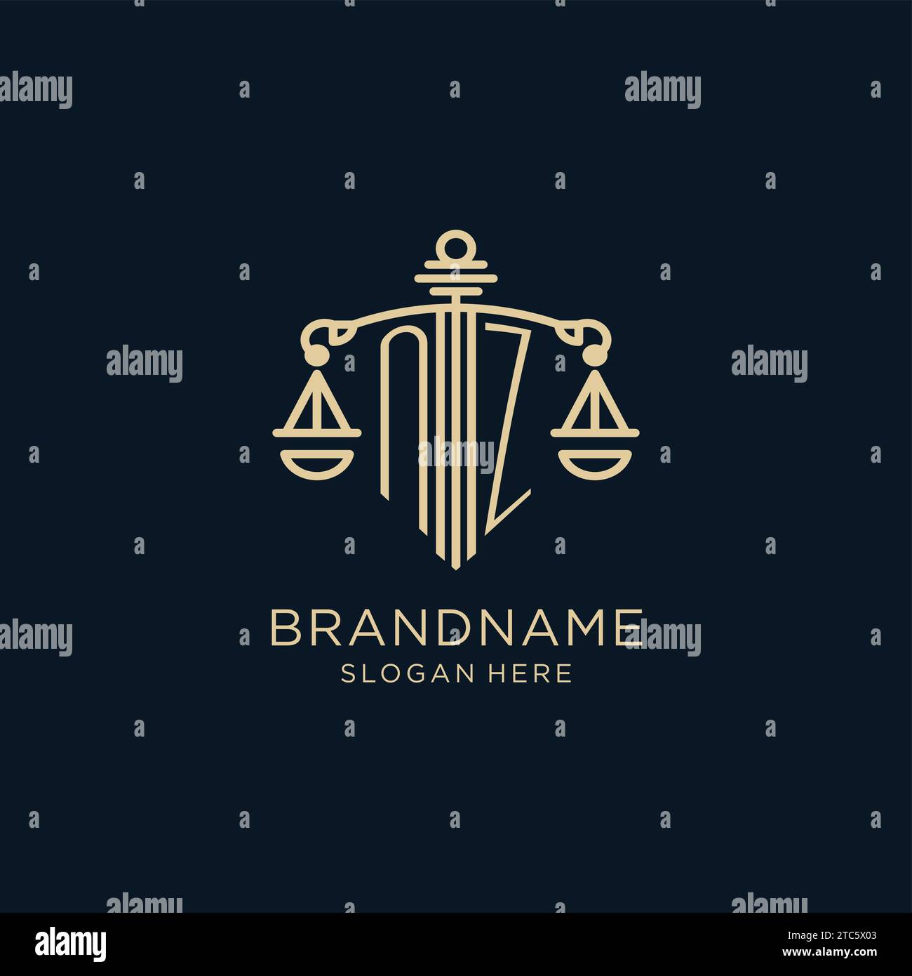 Initial NZ logo with shield and scales of justice, luxury and modern ...