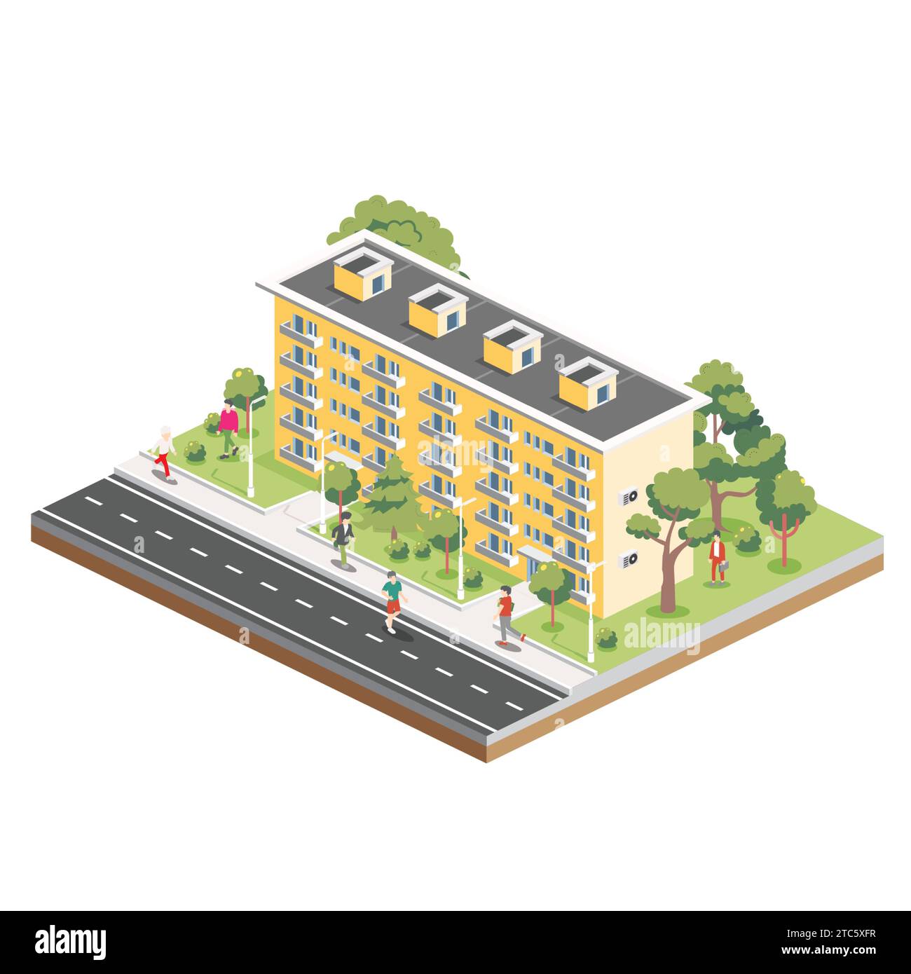 Isometric residential five storey building with people, road and trees ...