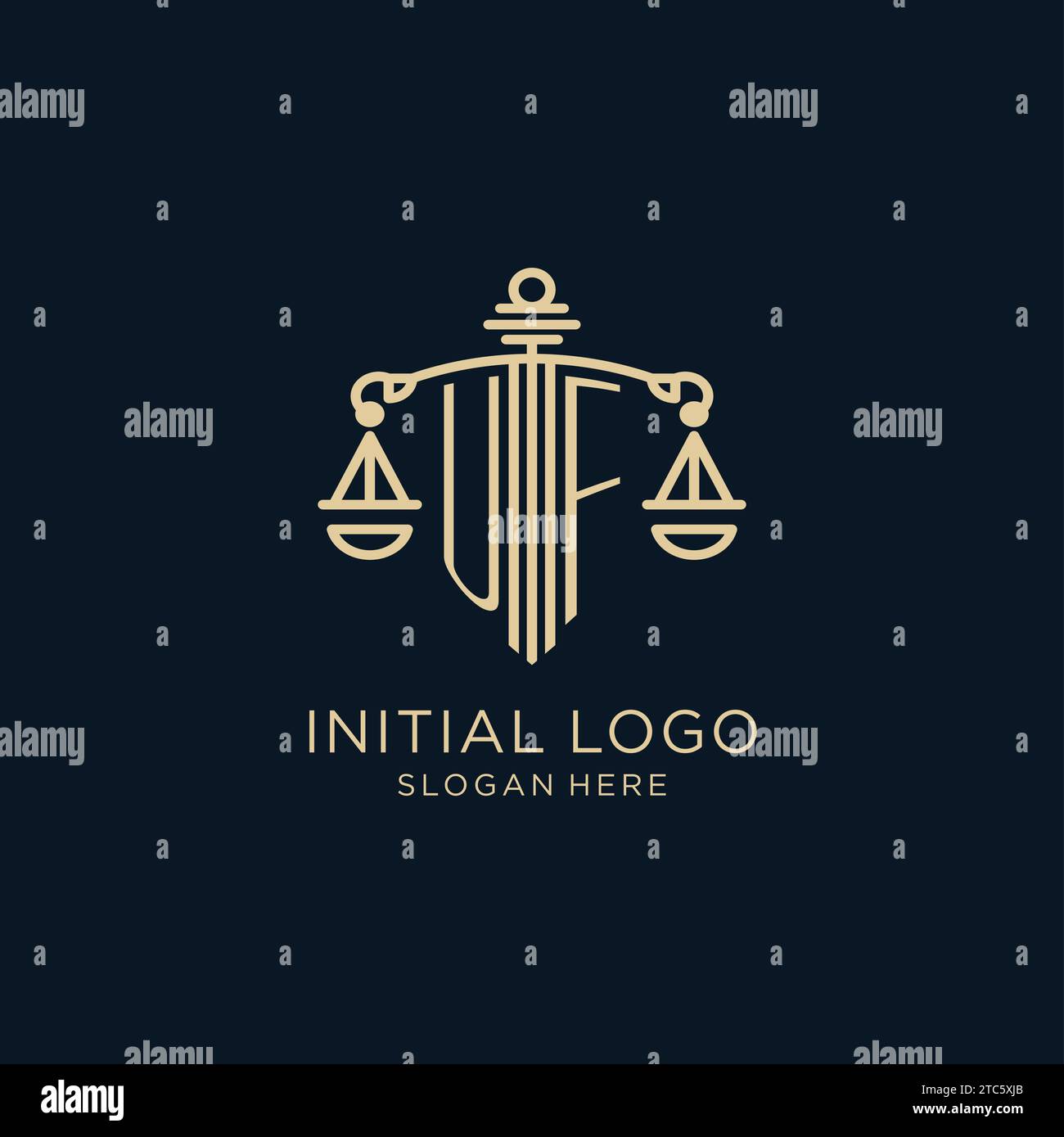 Initial UF logo with shield and scales of justice, luxury and modern ...