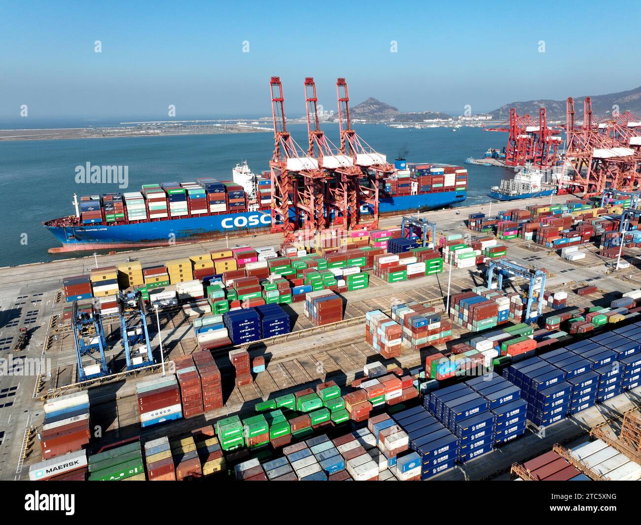 Aerial photo shows a large container ship at Lianyungang Port in ...