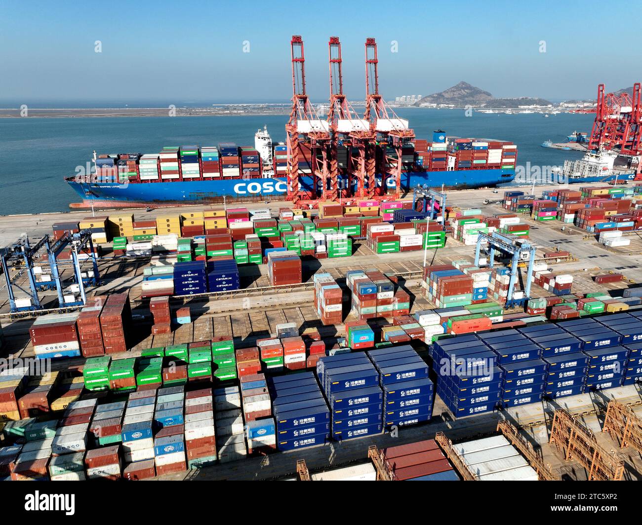 Aerial photo shows a large container ship at Lianyungang Port in ...