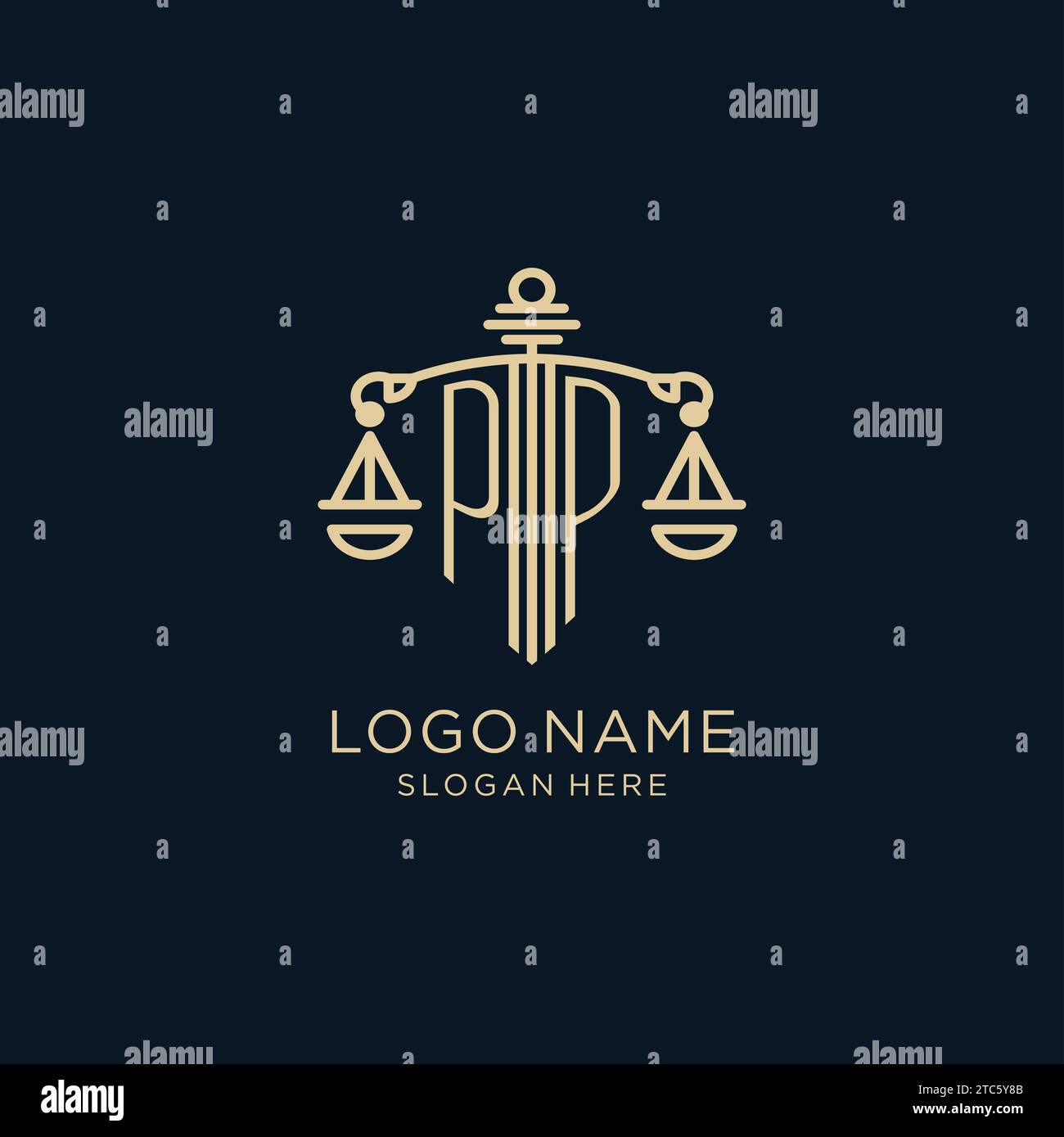 Initial PP logo with shield and scales of justice, luxury and modern ...
