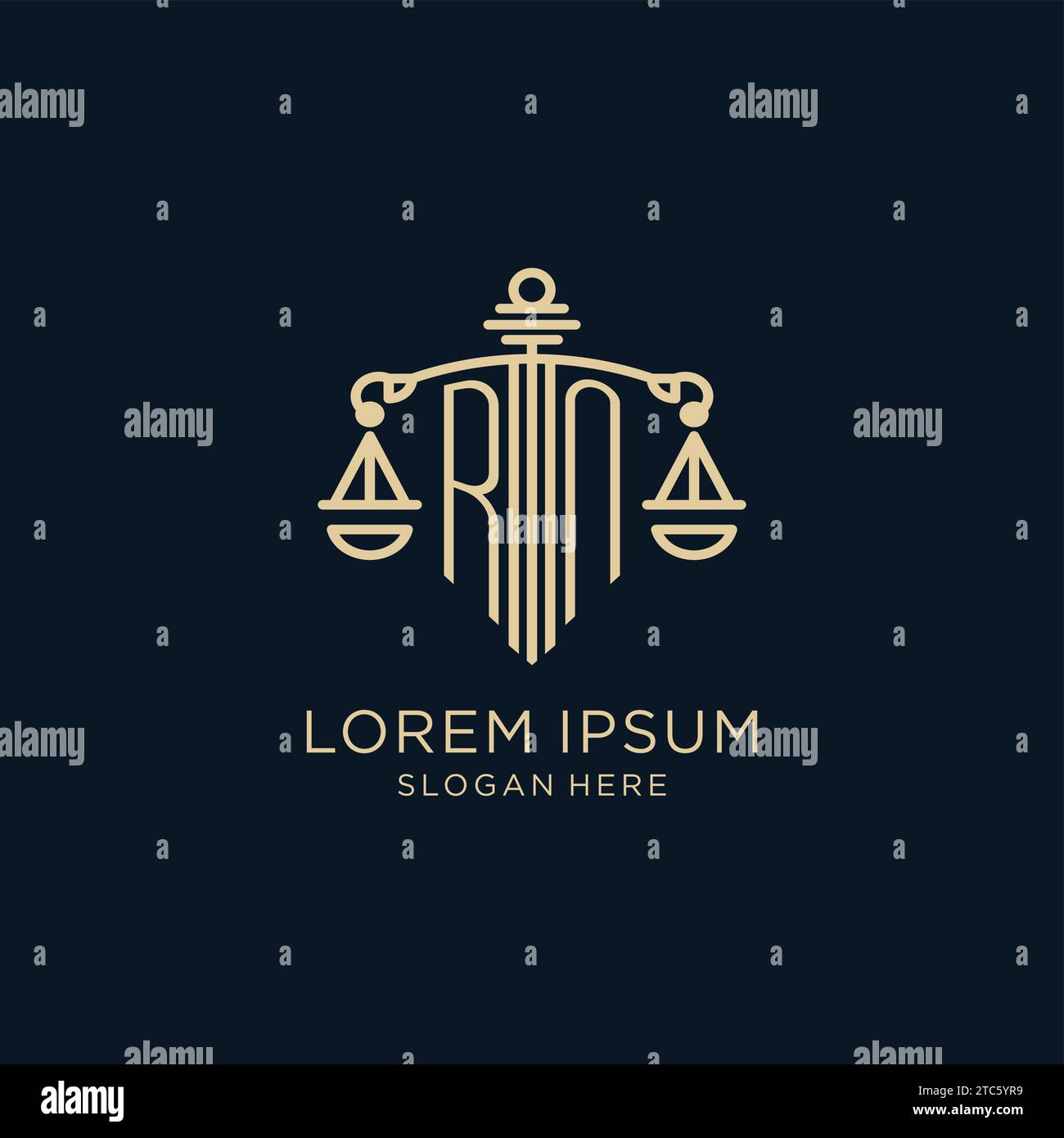 Initial RN logo with shield and scales of justice, luxury and modern ...