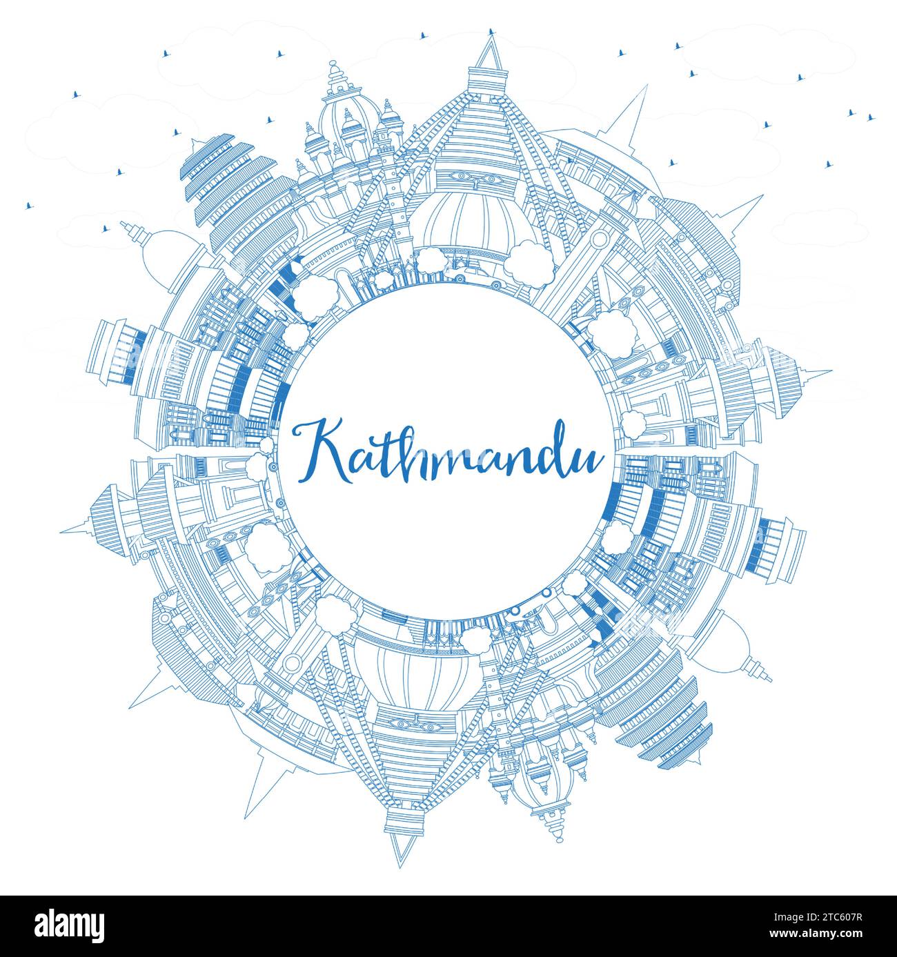 Outline Kathmandu Nepal City Skyline with Blue Buildings and Copy Space ...