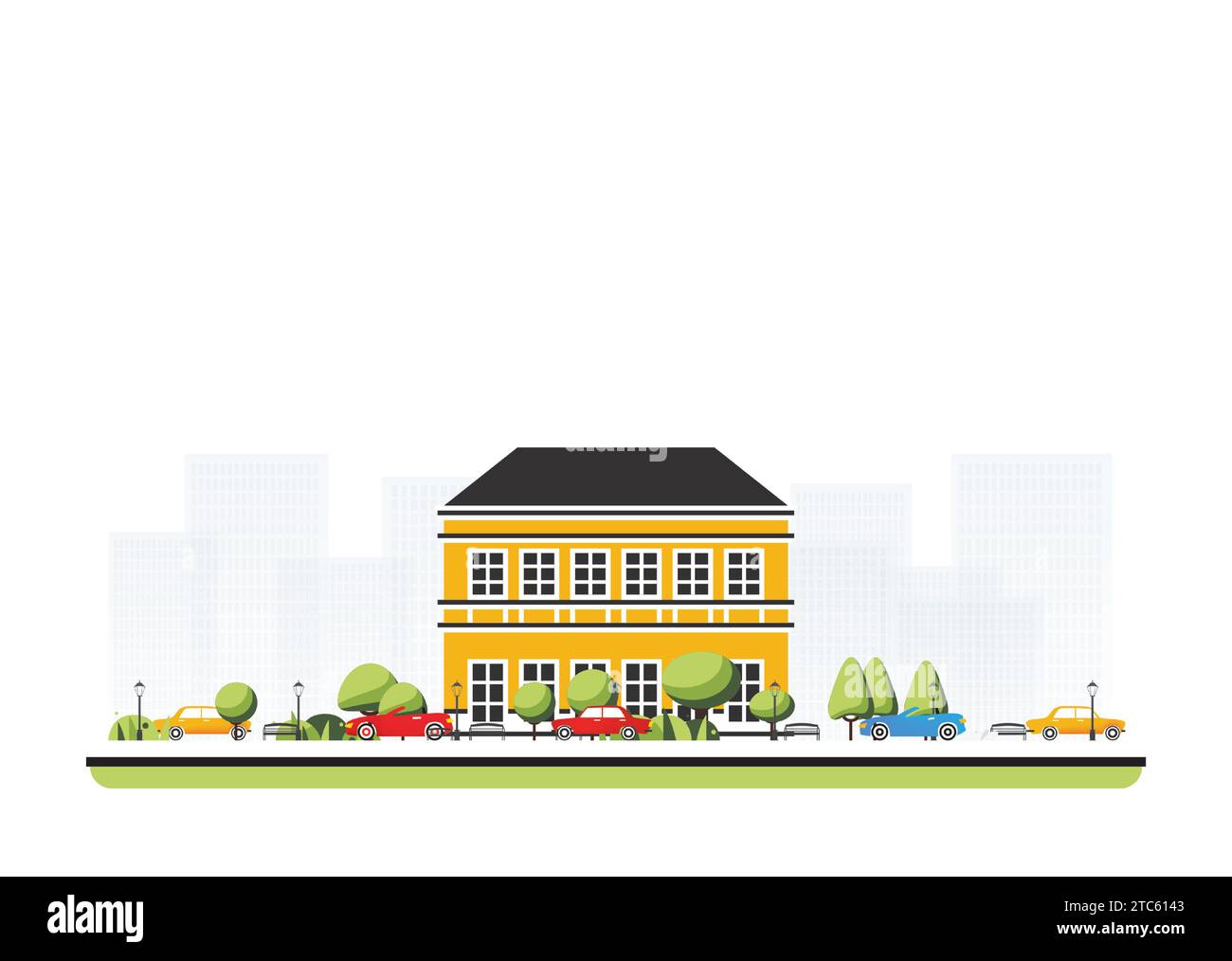 City district with old yellow building in flat style with trees and ...