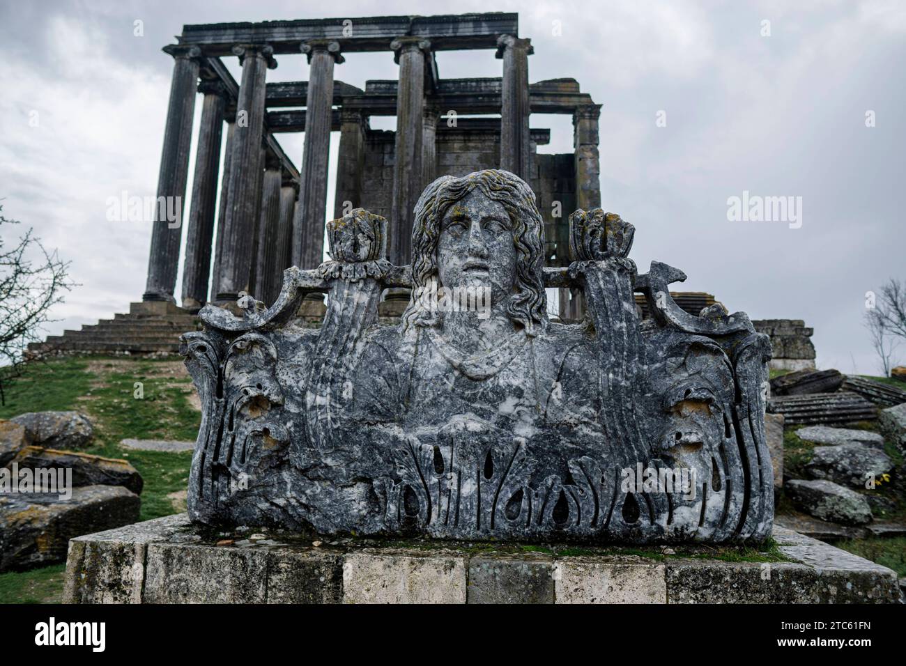 View of the temple of Zeus and the acroteria in the shape of a female ...
