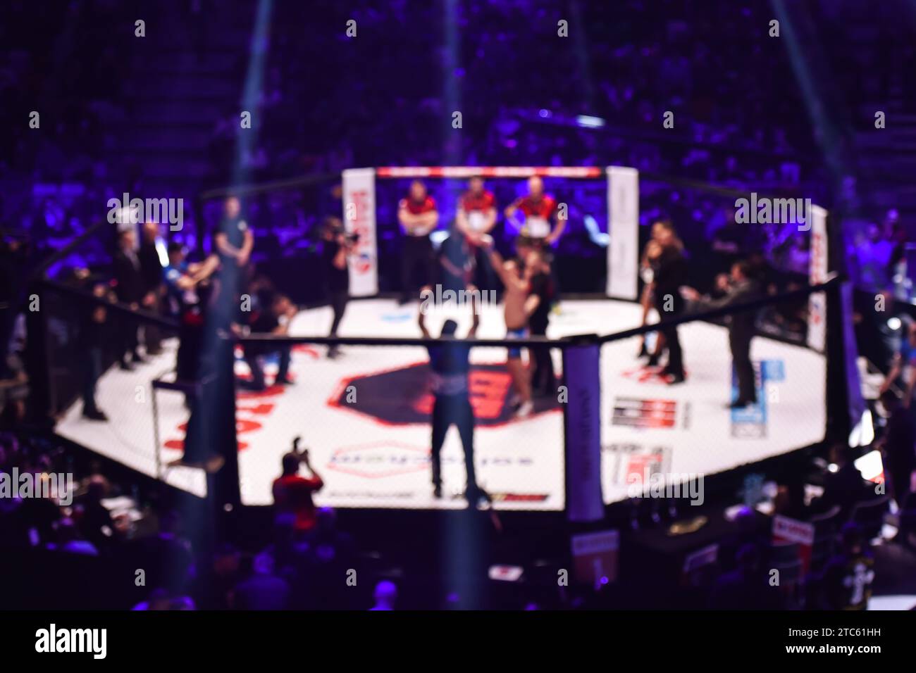 blurred background of mma fight ring with fighter champion decoration ...