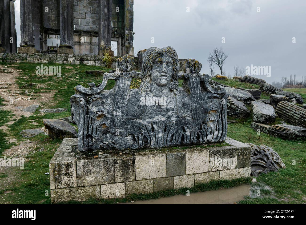 View of the temple of Zeus and the acroteria in the shape of a female ...