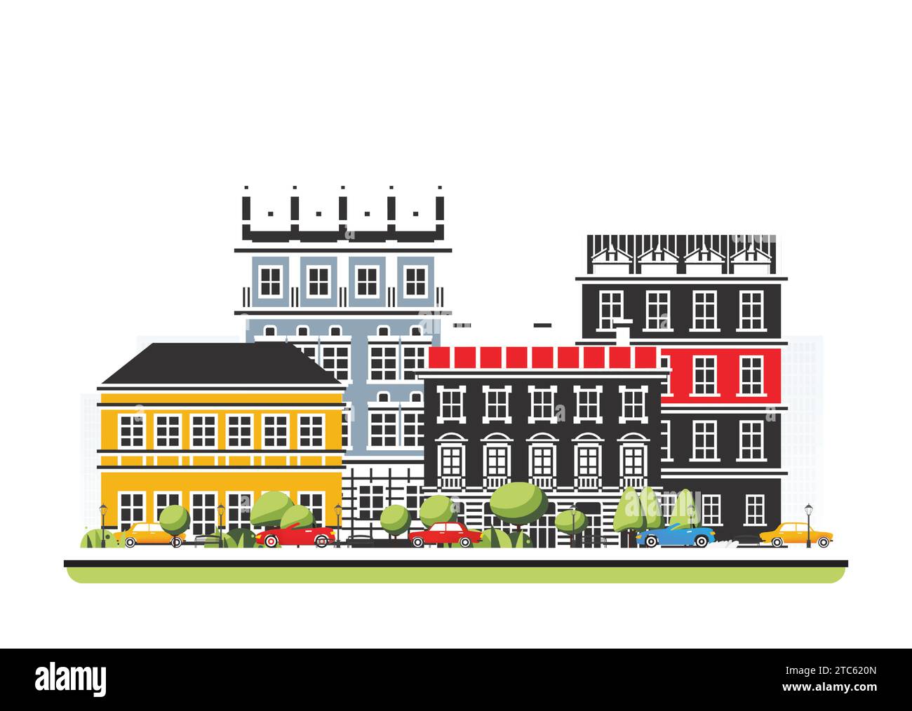 City district with old buildings in flat style with trees and cars ...
