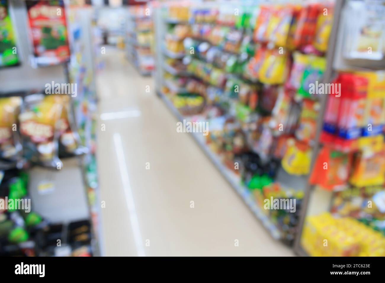 Supermarket or convenience store Aisle and Shelves in blurry for ...