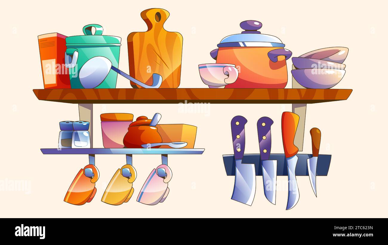 Kitchen shelf with utensils hanging on wall. Vector cartoon ...