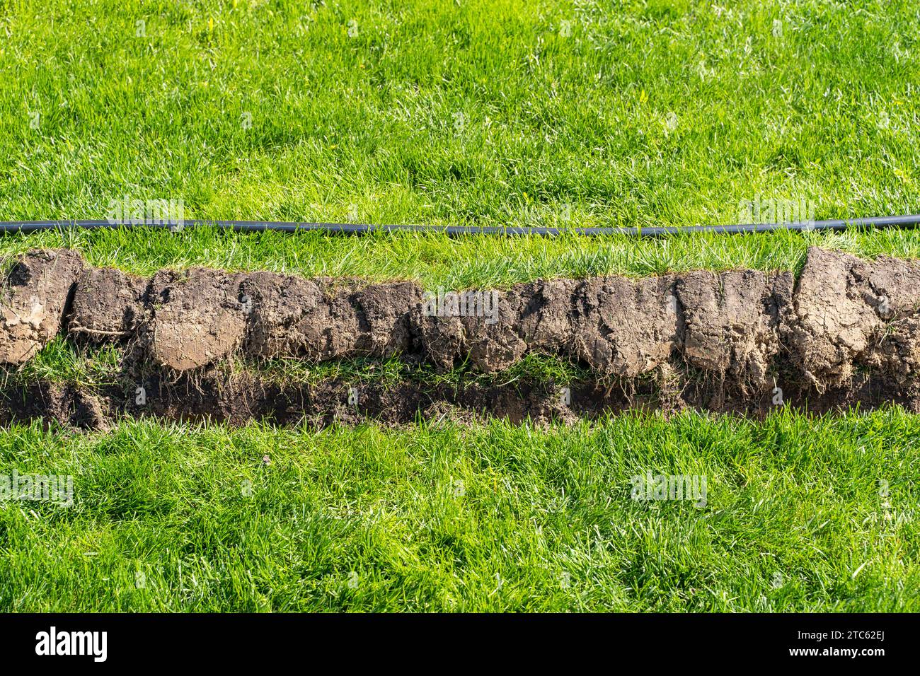 A ditch dug in the lawn for laying pipes and installing irrigation ...