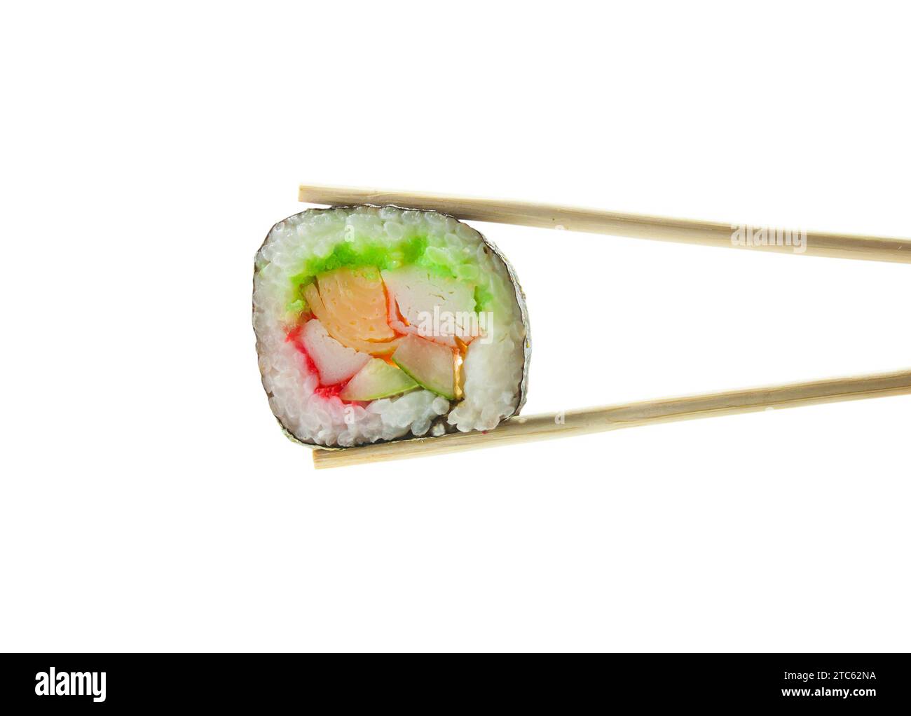 Sushi maki in chopsticks isolated on white background Stock Photo - Alamy