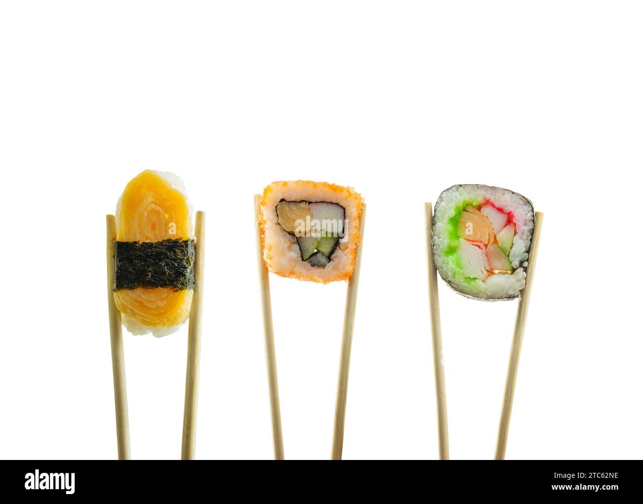 Sushi in chopsticks isolated on white background Stock Photo - Alamy