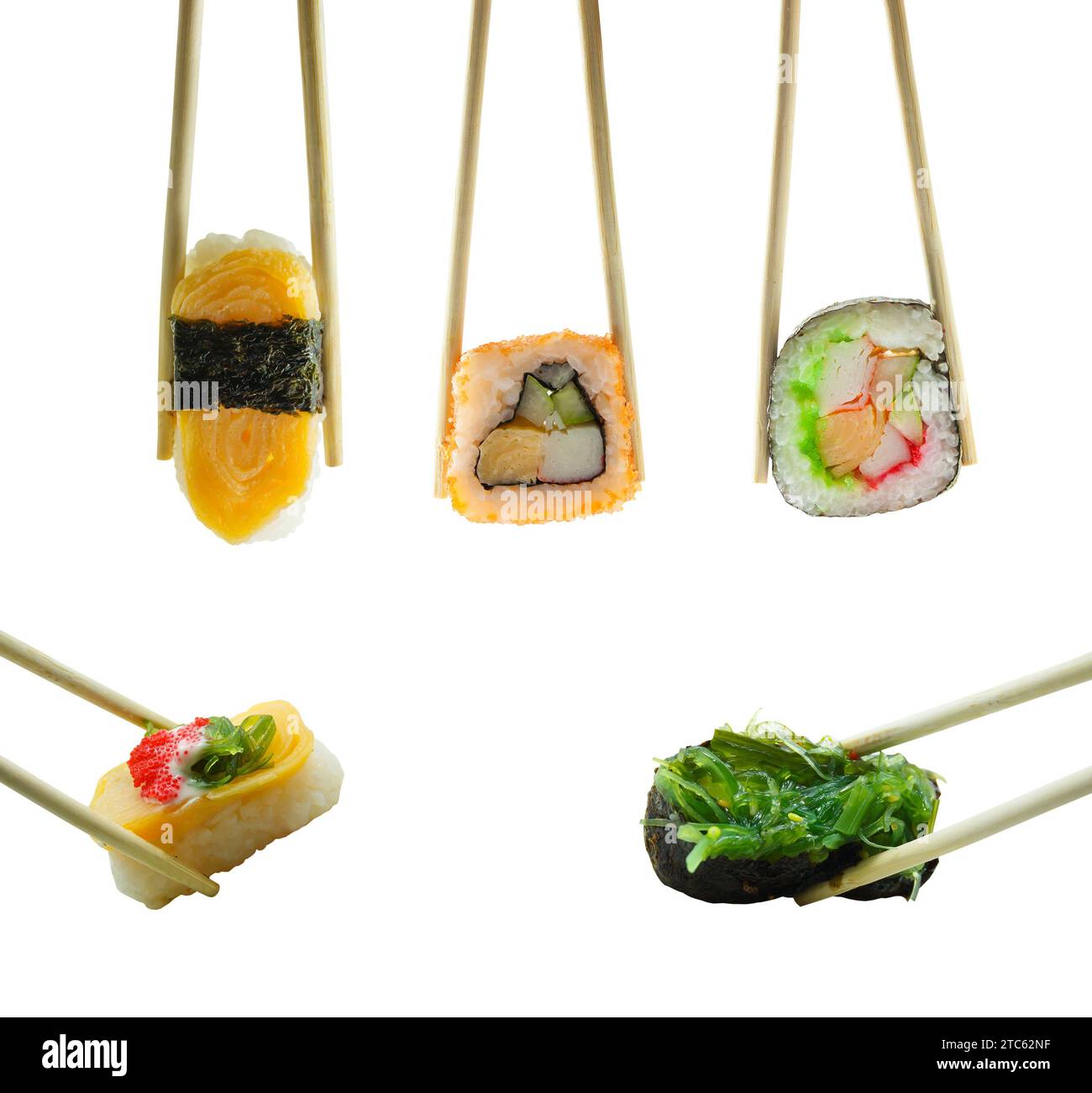Sushi in chopsticks isolated on white background Stock Photo - Alamy