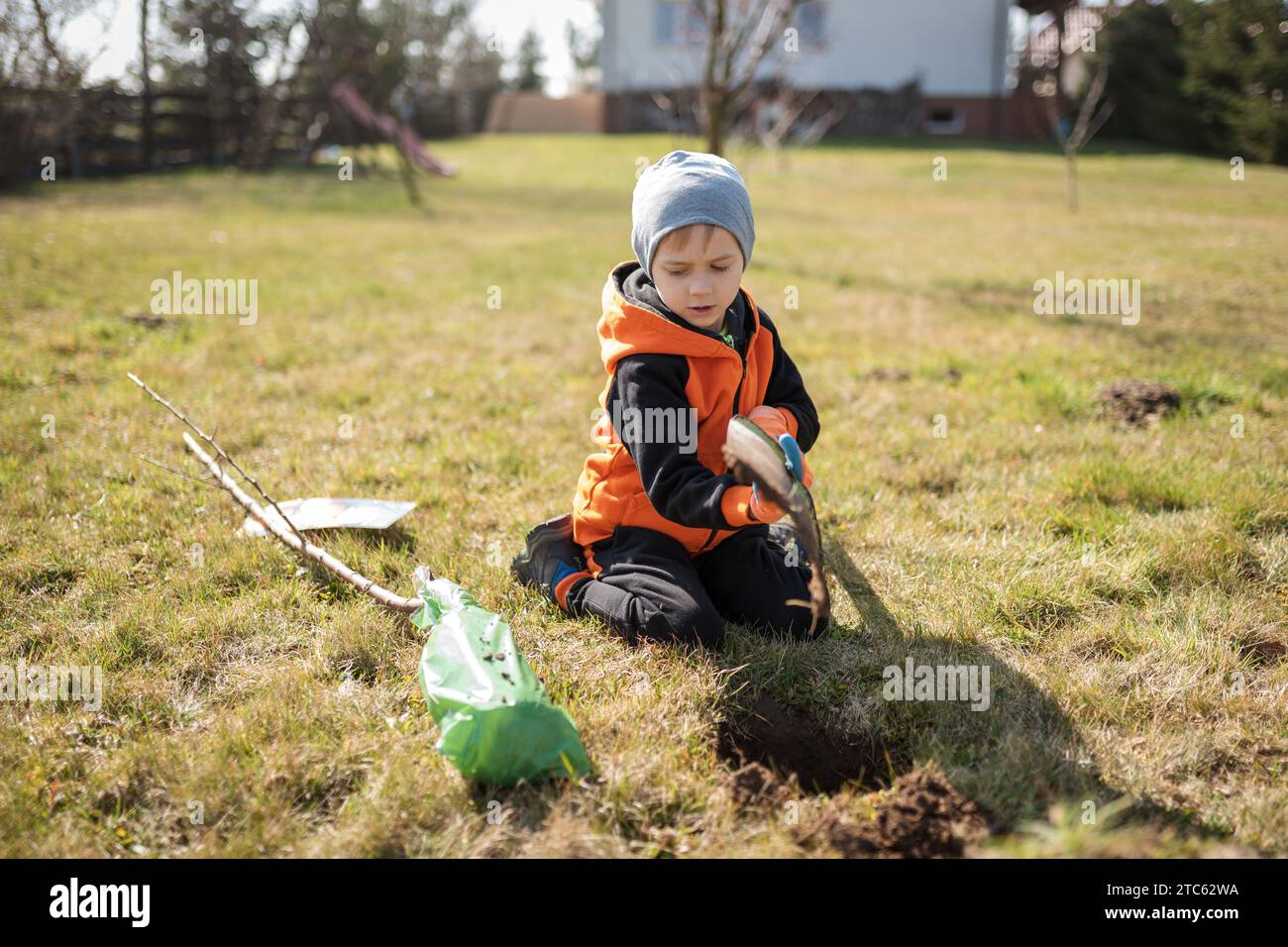 Six-year-old boy in the garden plants tree during sunny spring day ...