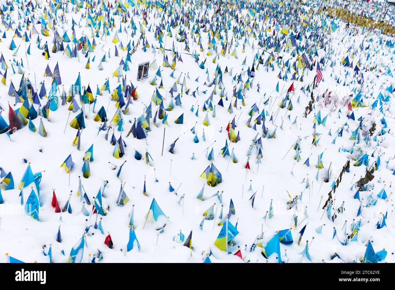 Numerous Ukrainian flags are seen in the snow, symbolising the large ...