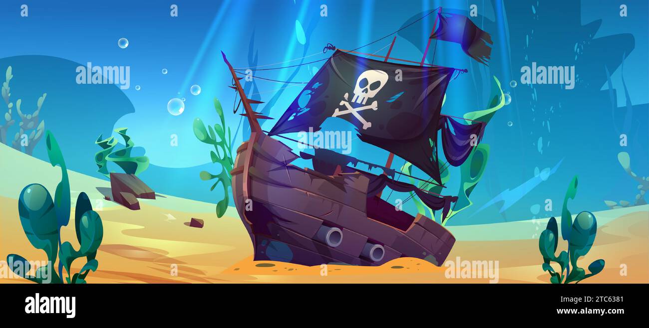 Wrecked pirate ship on sea bottom. Vector cartoon illustration of old ...
