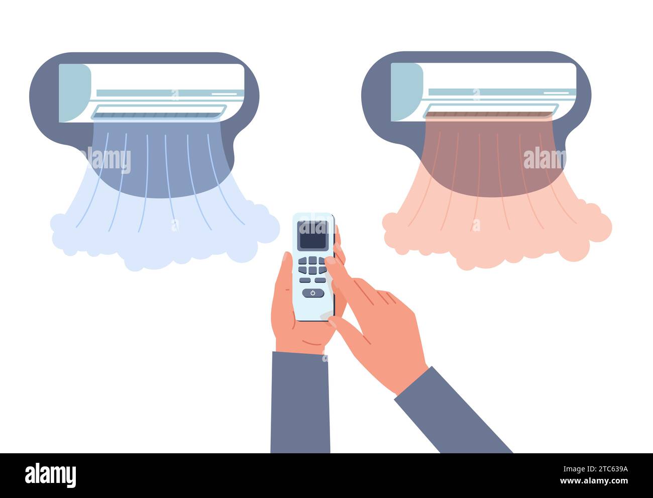 Hands switch air conditioner from cold air to warm air with remote ...