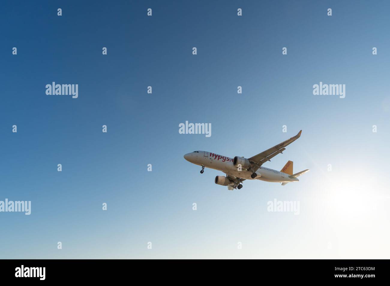 Batumi, Georgia - July 17 2023: Close-up of a departing Flypgs airline ...