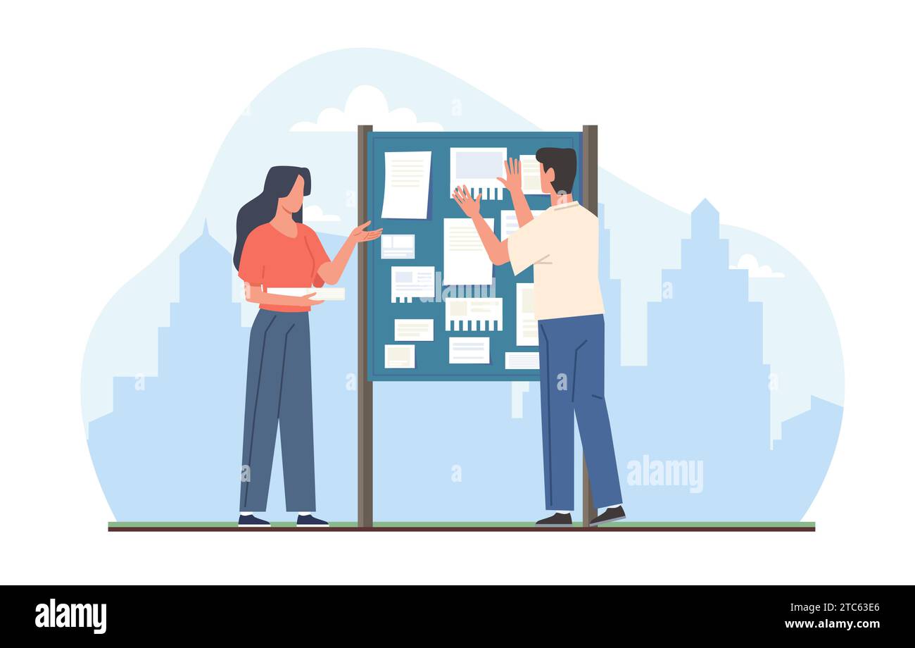 Woman with stack of paper advertisements and man standing in front of ...