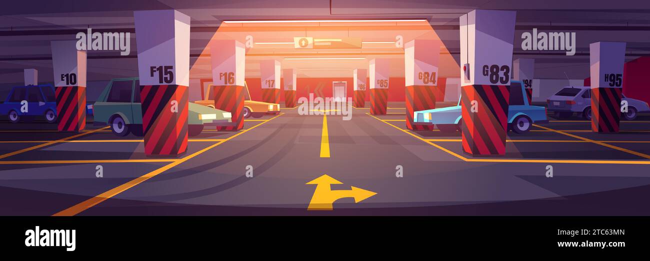 Retro cars parked at underground parking. Vector cartoon illustration ...