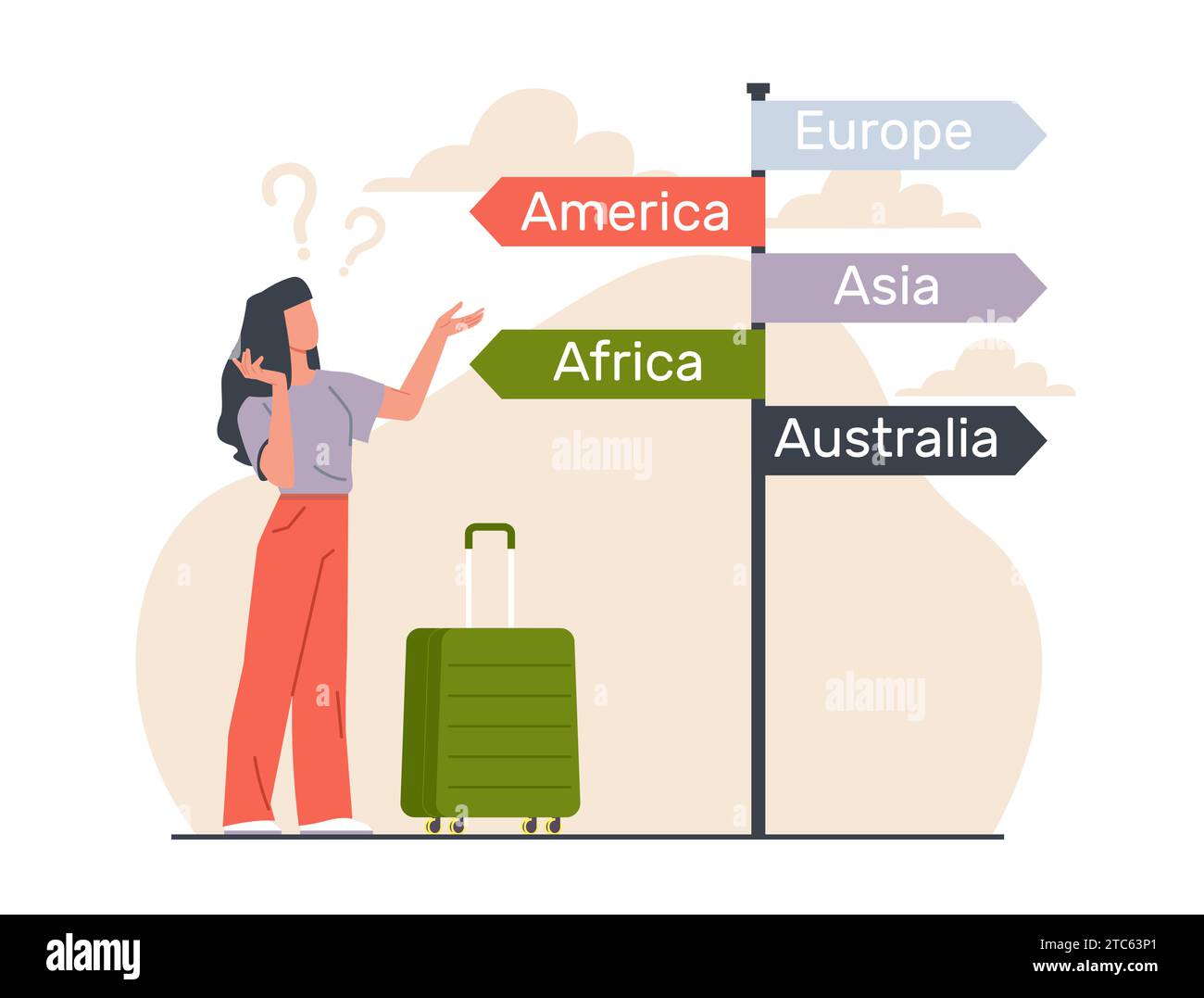 Girl chooses continent to plan summer vacation. Woman with luggage ...