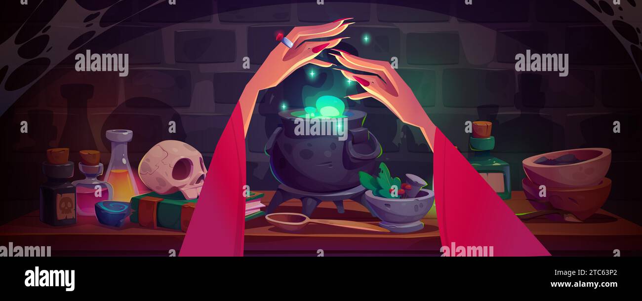 Witch hands conjuring over cauldron with brewing green glowing potion ...