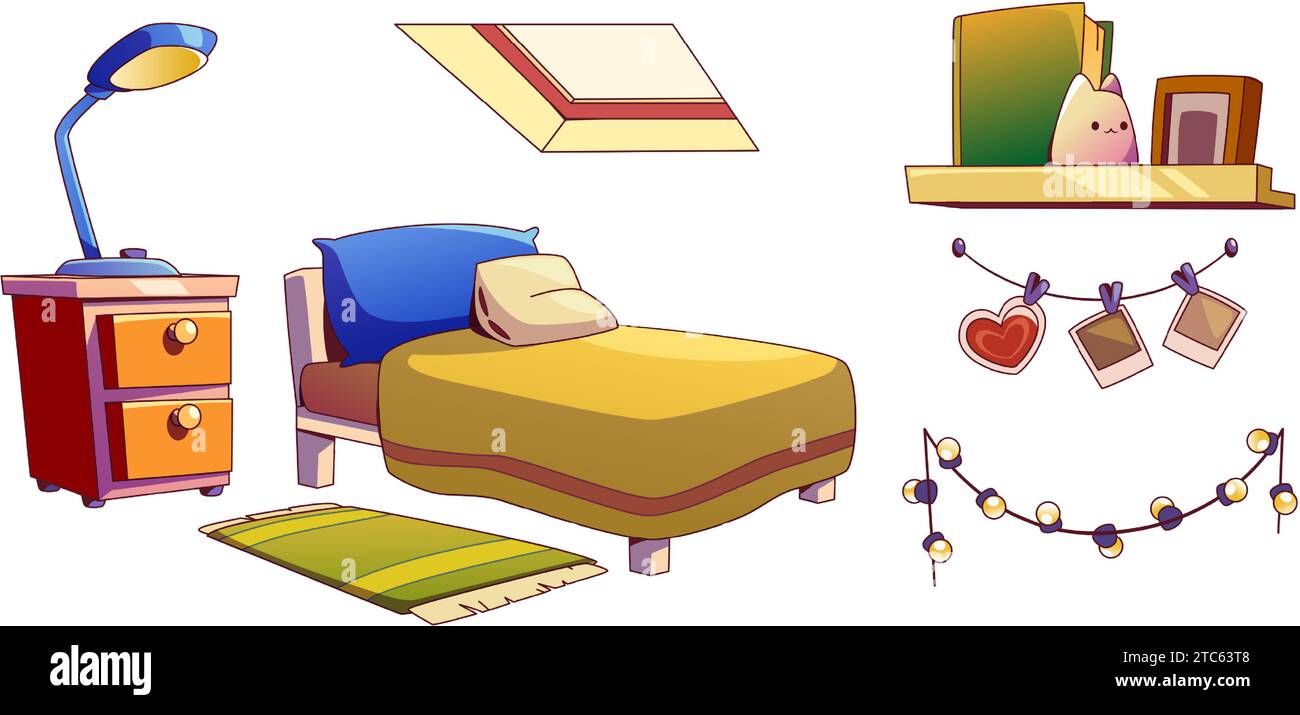 Kids attic bedroom furniture set isolated on white background. Vector ...