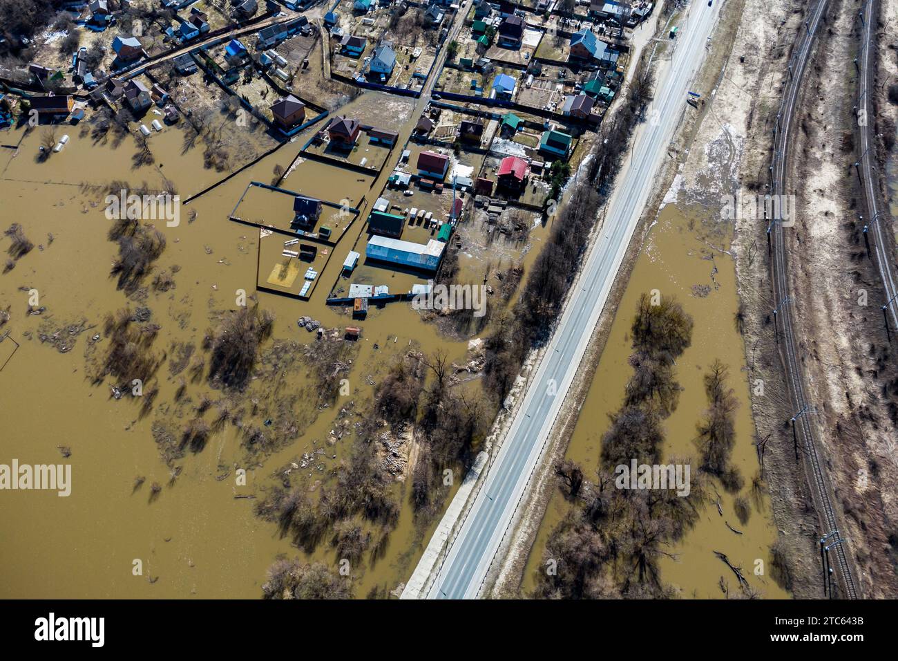 Aerial view of village areas with houses flooded during a rural spring ...