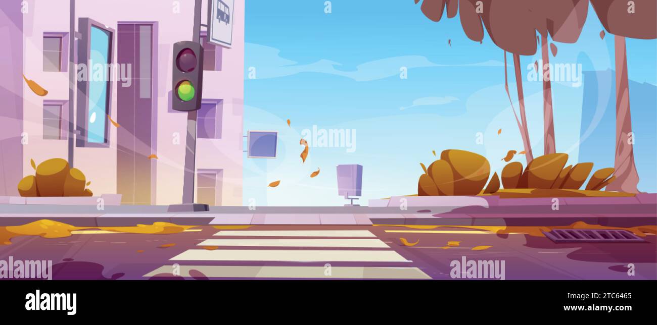 Cartoon autumn city street landscape with sidewalk and traffic light ...