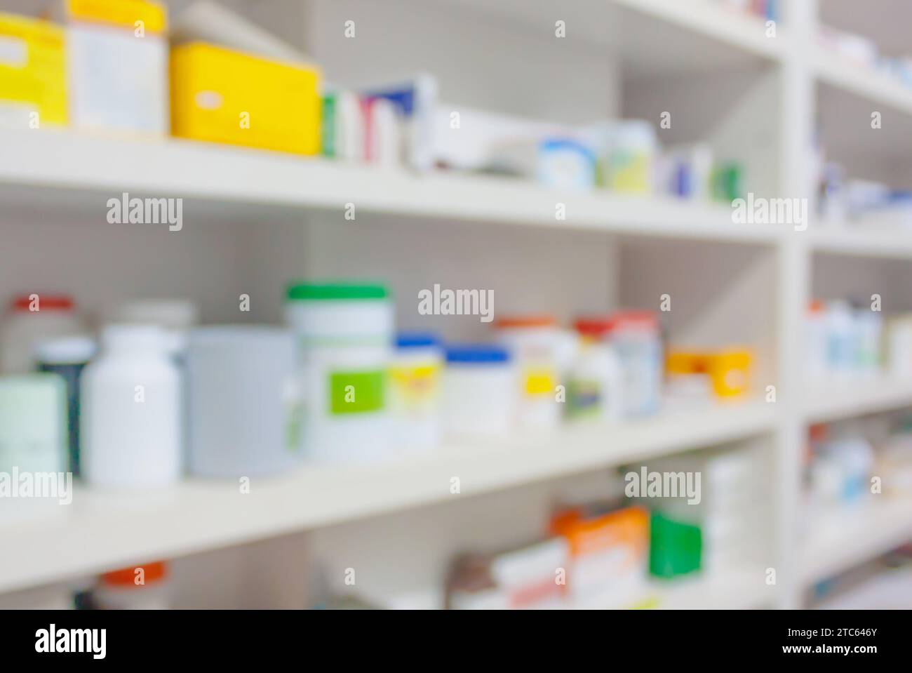 pharmacy store drugs shelves interior blurred background Stock Photo ...