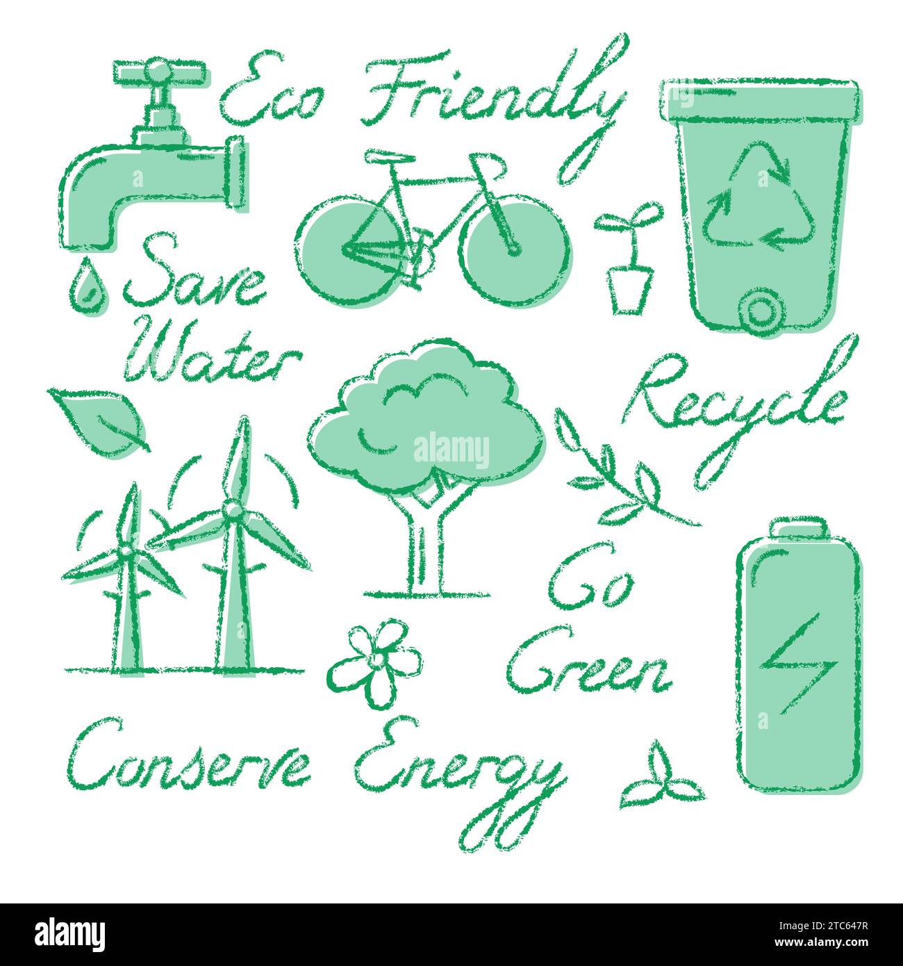 Collection of ecology icons and lettering in sketch style. Eco Friendly ...