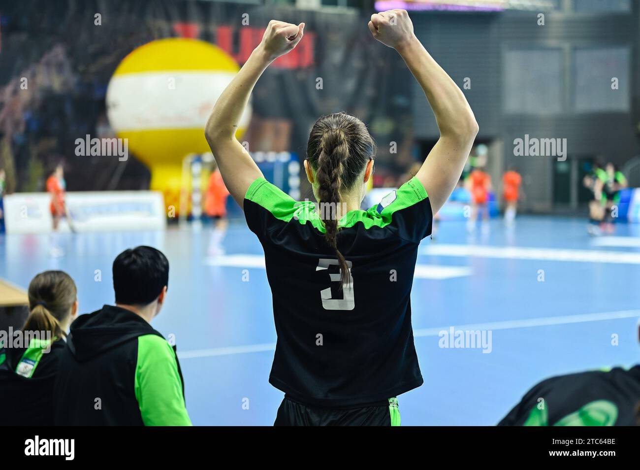 Woman player's back handball match in the background Stock Photo - Alamy
