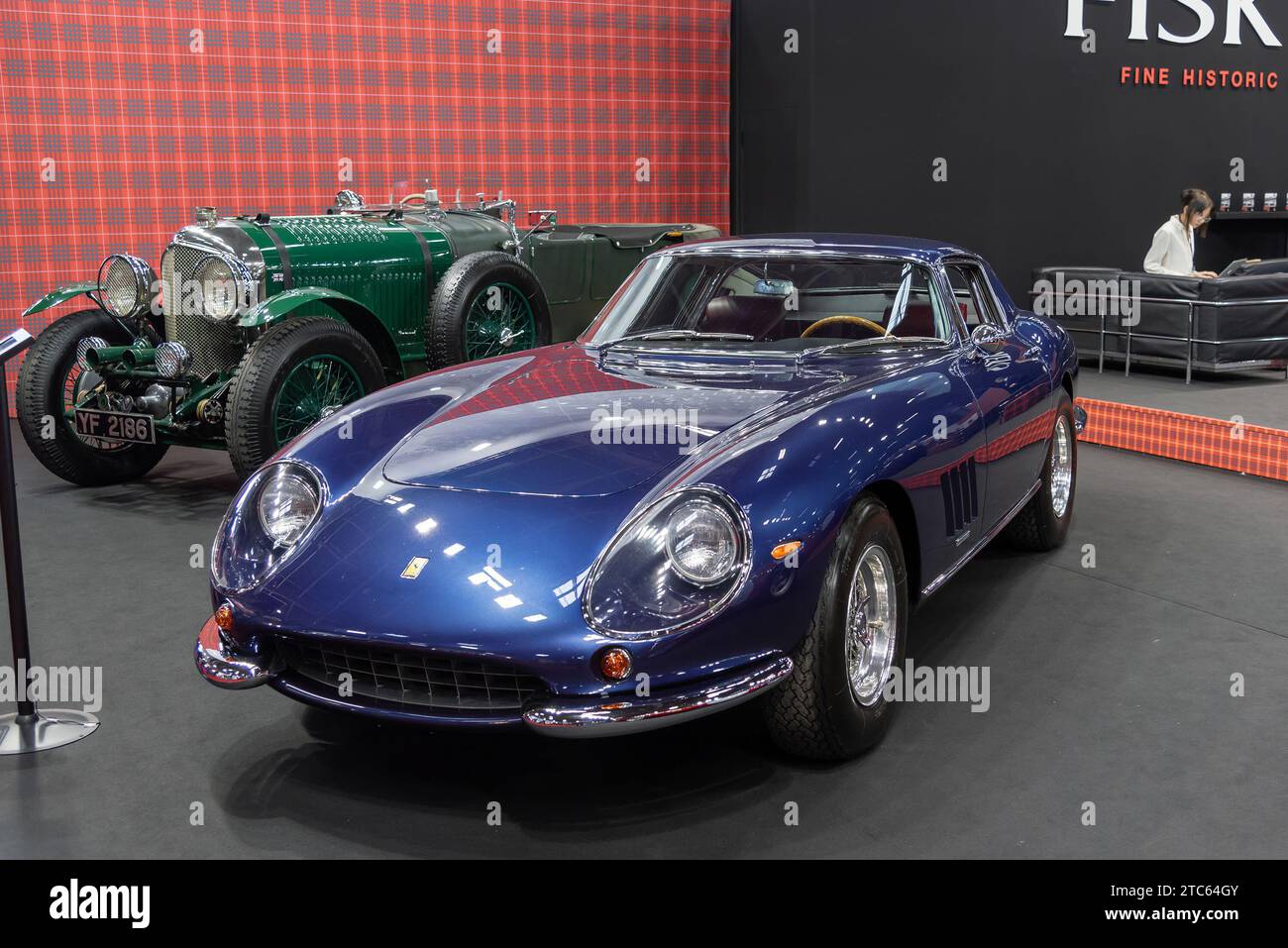 Paris, France - Rétromobile 2019. Focus on a blue 1966 Ferrari 275 GTB ...