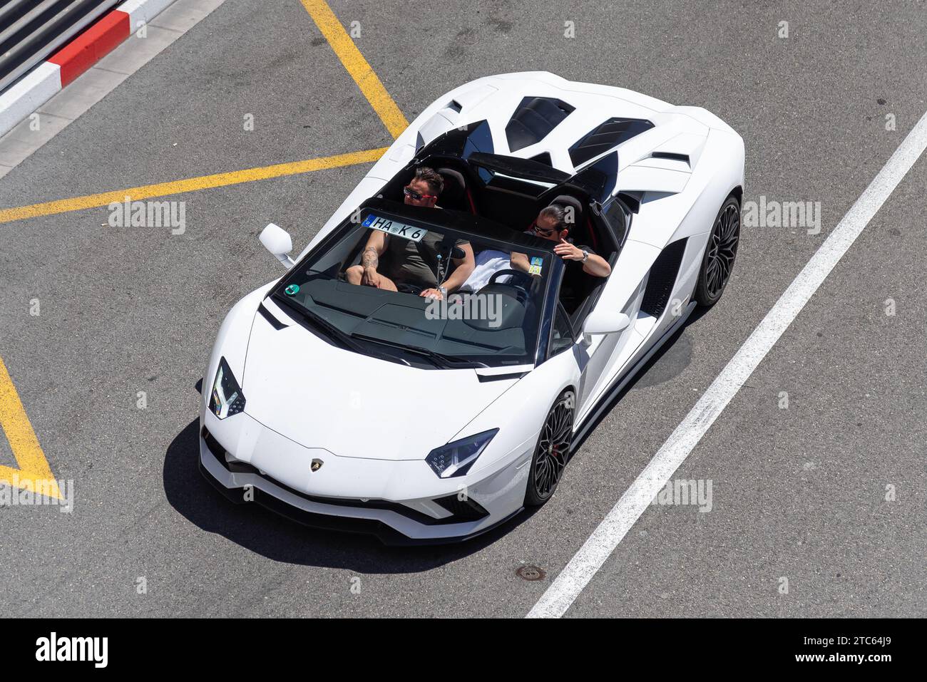 Monaco, Monaco - White Lamborghini Aventador S Roadster driving on the ...