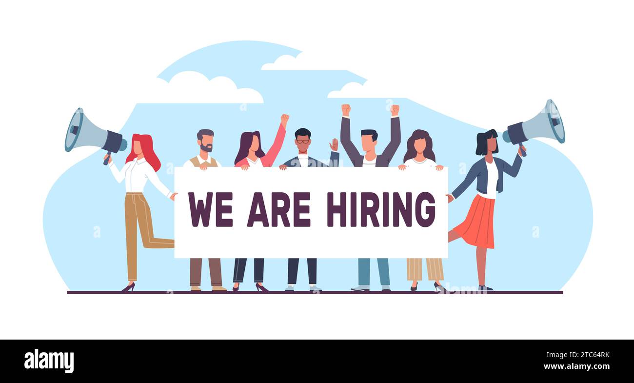 Group of people with placard saying we are hiring. Woman with ...