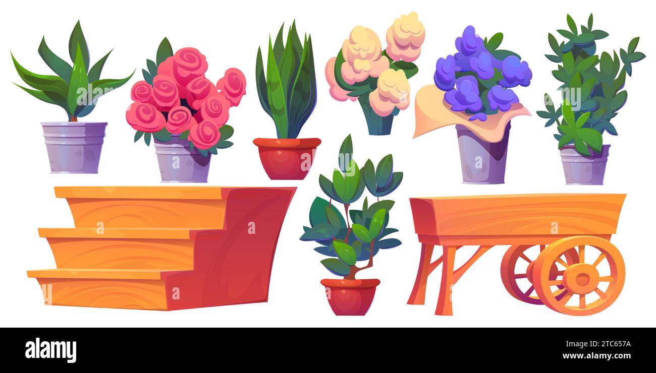 Flower shop interior elements set - green plants in pot and flowering bouquet in vase, wooden ...