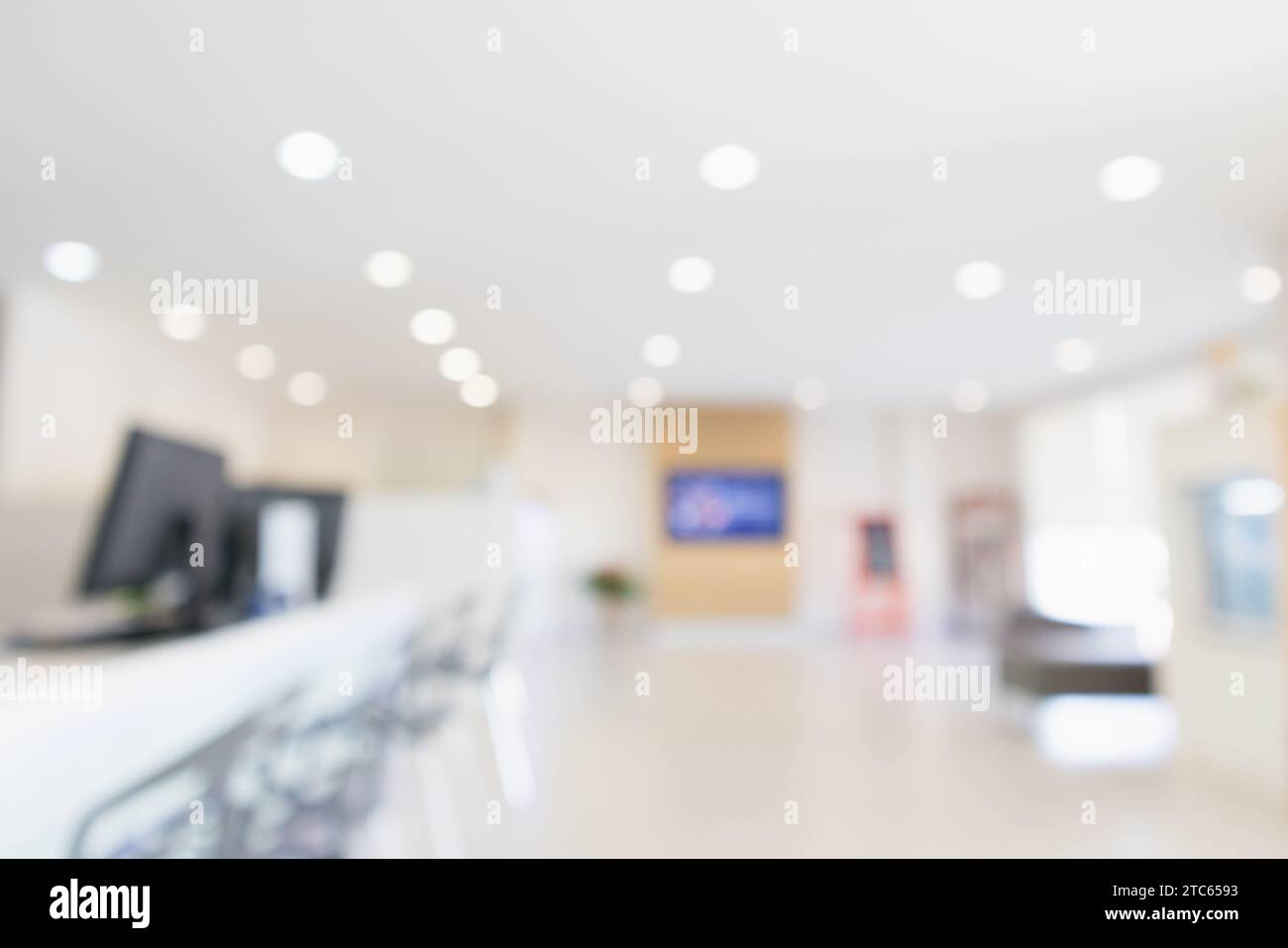 Abstract blur office desk workplace or hospital with computer defocused ...