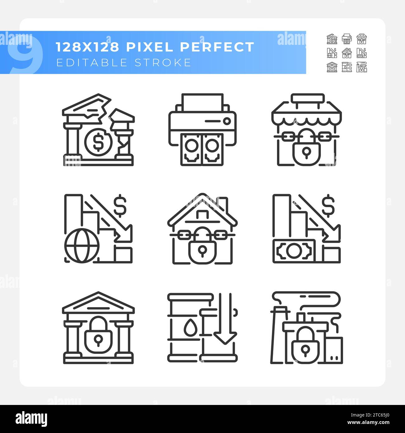 2D editable pixel perfect black economic crisis icons Stock Vector ...