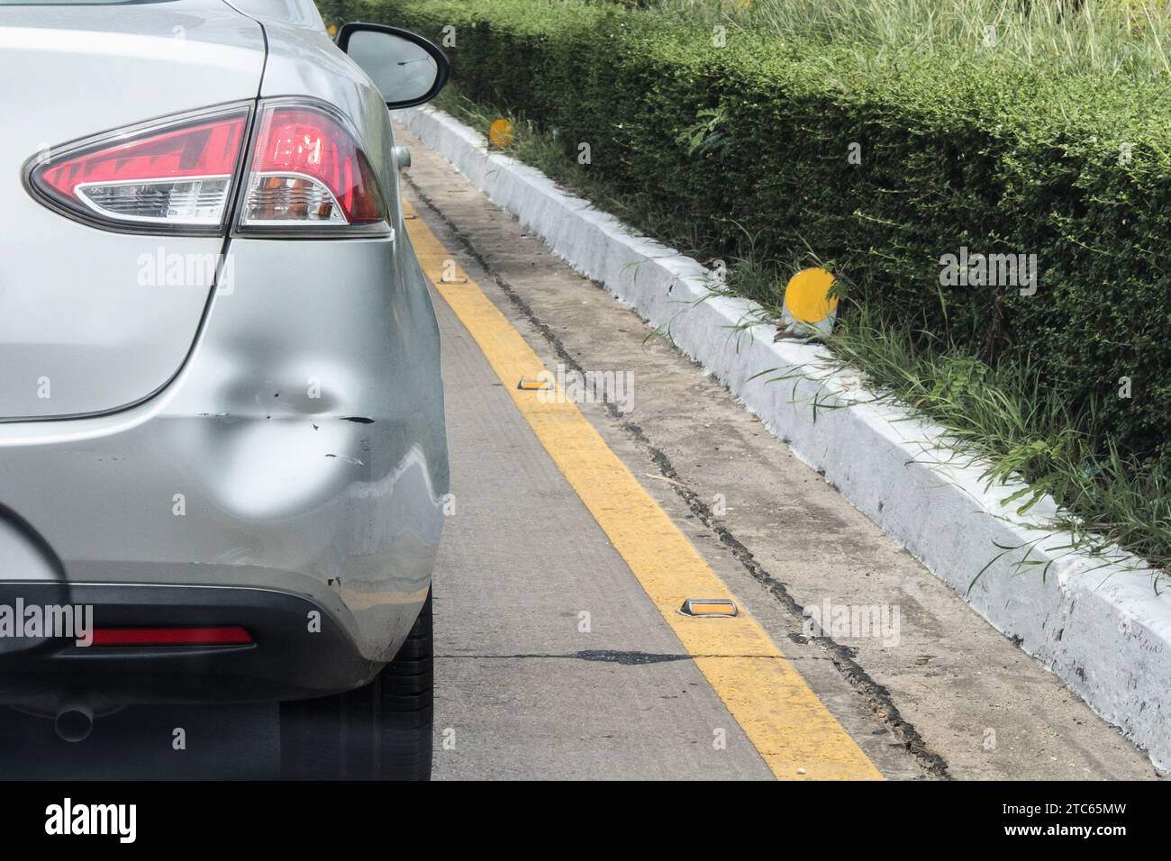Backside of car has dented rear bumper damaged after accident on the ...