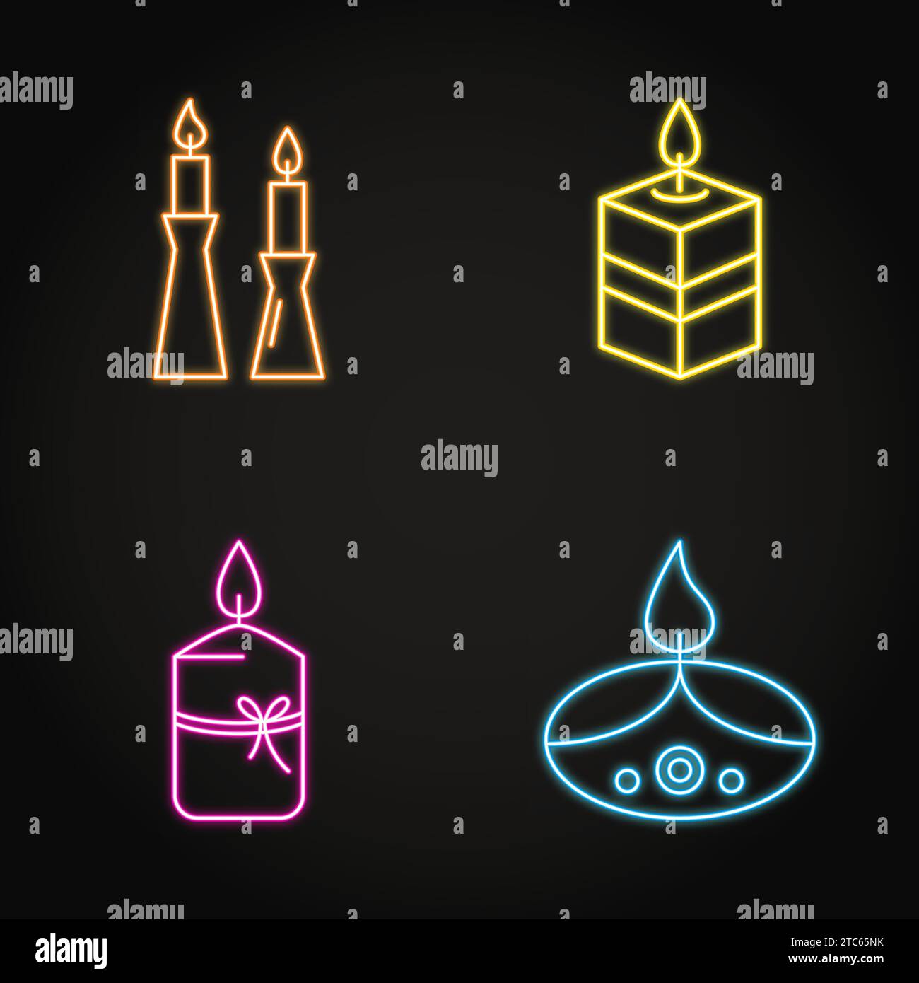 Burning candles icon set in neon line style. Bright illumination ...