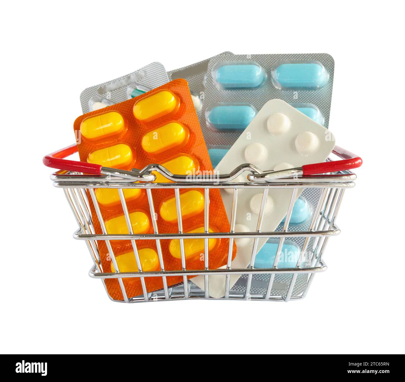Medicine pills package in shopping basket isolated on white background ...
